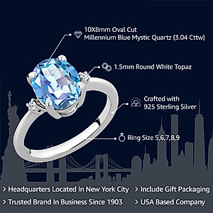 Gem Stone King 925 Sterling Silver Millennium Blue Mystic Quartz and White Topaz Engagement Ring For Women (3.04 Cttw, Oval 10X8MM, Gemstone Birthstone, Available in Size 5,6,7,8,9)