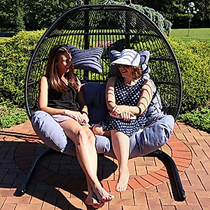 Sunnydaze Liza Loveseat Egg Chair with Cushions - Comfy Bohemian-Style Decorative Outdoor Living Collapsible Chair - Gray Polyester Cushions with Black Wicker Rattan Frame - 43 Inches Tall