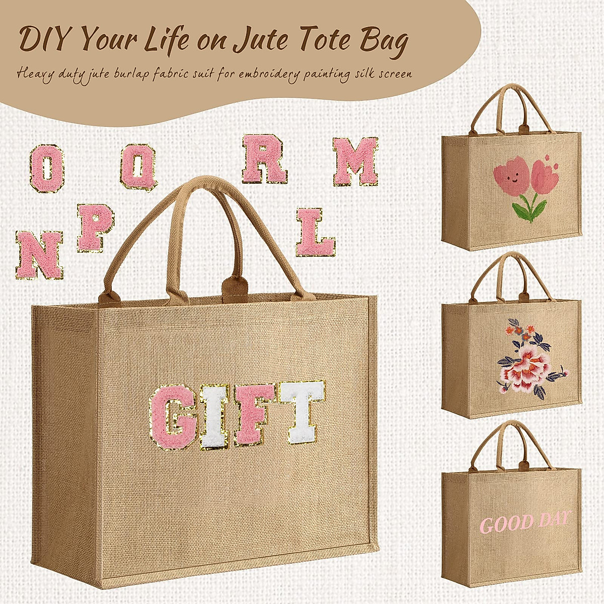 6 Pcs Burlap Jute Tote Bags Bulk Bachelor Party Large Blank Burlap Bags with Handles 6 Pairs Heart Shaped Glasses White Heart Glasses 2 Sets A-z Iron on Letter Patches Glitter Border Repair Patches