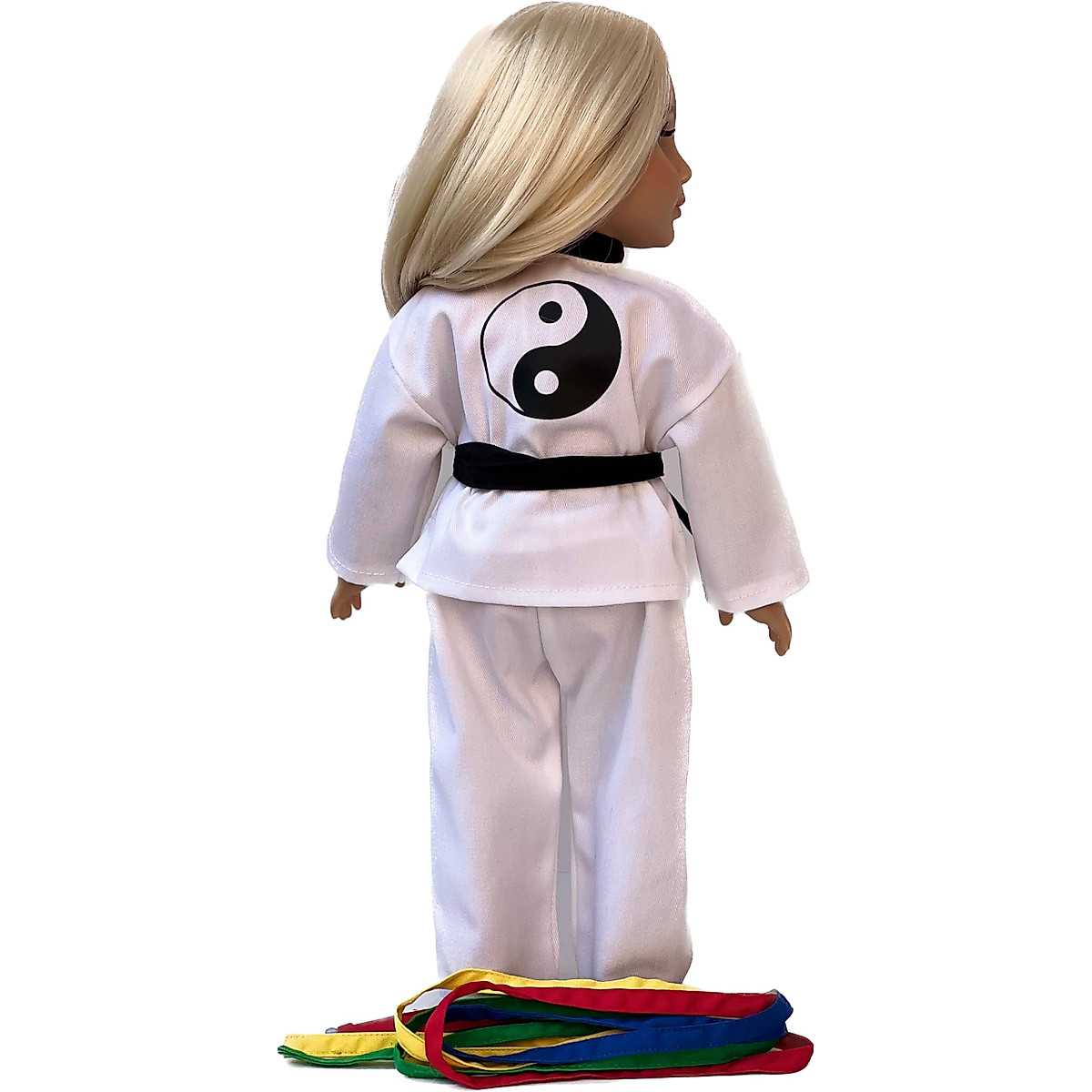 - Yin and Yang - Karate/Tae Kwon Do Outfit Includes Blouse, Pants and 5 Belts - Yellow, Green, Red, Blue and Black - Clothes Fits 18 Inch Doll (Doll Not Included)