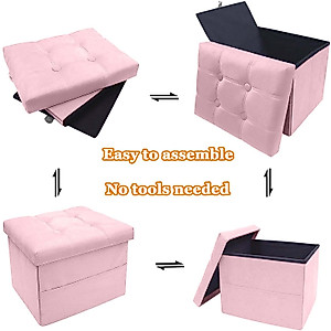 Storage Ottoman Foot Stool, 17 inches Folding Ottoman with Storage, Velvet Storage Bench with Side Pocket, Foot Rest for Living Room, Bedroom, Pink