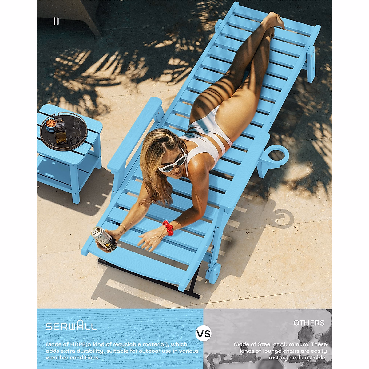 SERWALL Patio Chaise Lounge Chair Set of 2, 5 Positions Adjustable HDPE Outdoor Lounge Chair for Pool, Poly Lounge Chair with Rolling Wheels & Cup Holder for Poolside, Deck, Light Blue