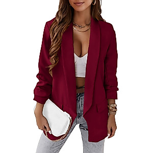 PRETTYGARDEN Womens Casual Blazers 2024 Fall Open Front Long Sleeve Work Office Jackets Blazer (Wine Red,Large)