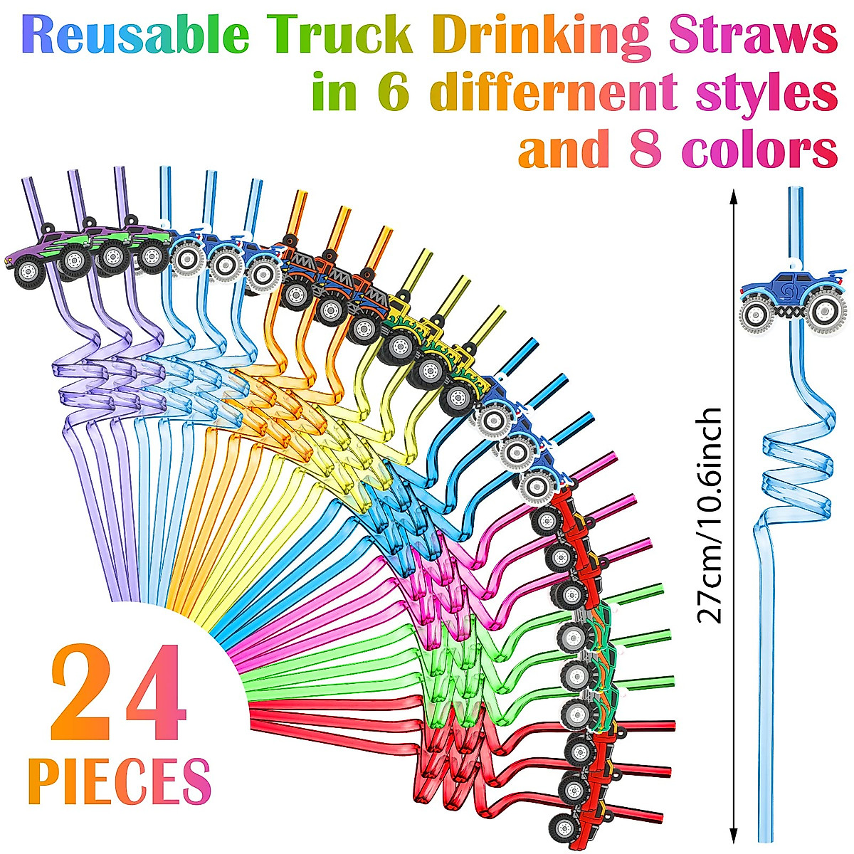 24 Pcs Truck Themed Straws 6 Styles Crazy Straws Reusable Colorful Twisty Plastic Drinking Straws Truck Birthday Party Race Car Party Supplies Baby Shower Favors for Kids Boys