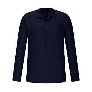 MEOILCE Long Sleeve Knit Polo Shirts Mens Slim Fit Casual Basic Button Up T-Shirt Fashion Stretch Ribbed Golf Shirts Navy