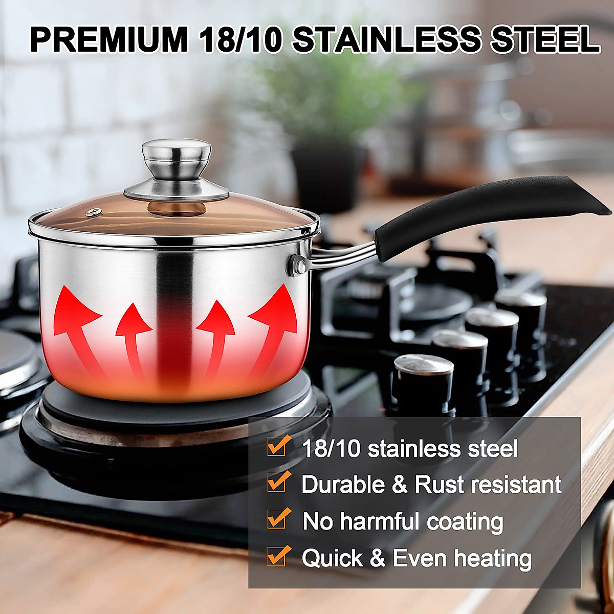 LIANYU 1QT Saucepan with Lid, 1 Quart Stainless Steel Saucepan, Small Pot Milk Soup Pan for Home Kitchen Restaurant, Long Heatproof Handle, Dishwasher Safe