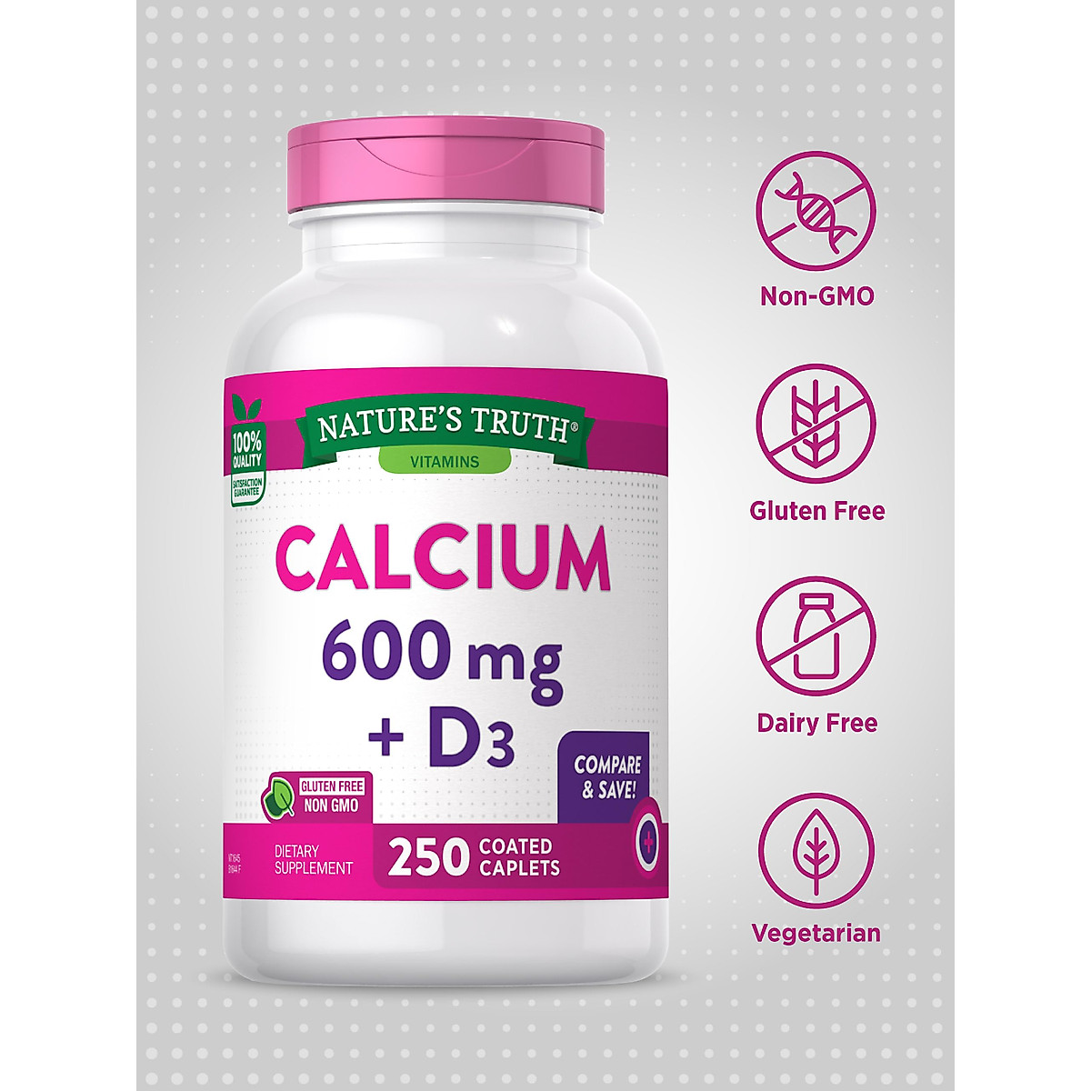 Nature's Truth Calcium 600mg with Vitamin D3 | 250 Tablets | Calcium Carbonate Supplement | Vegetarian, Non-GMO & Gluten Free
