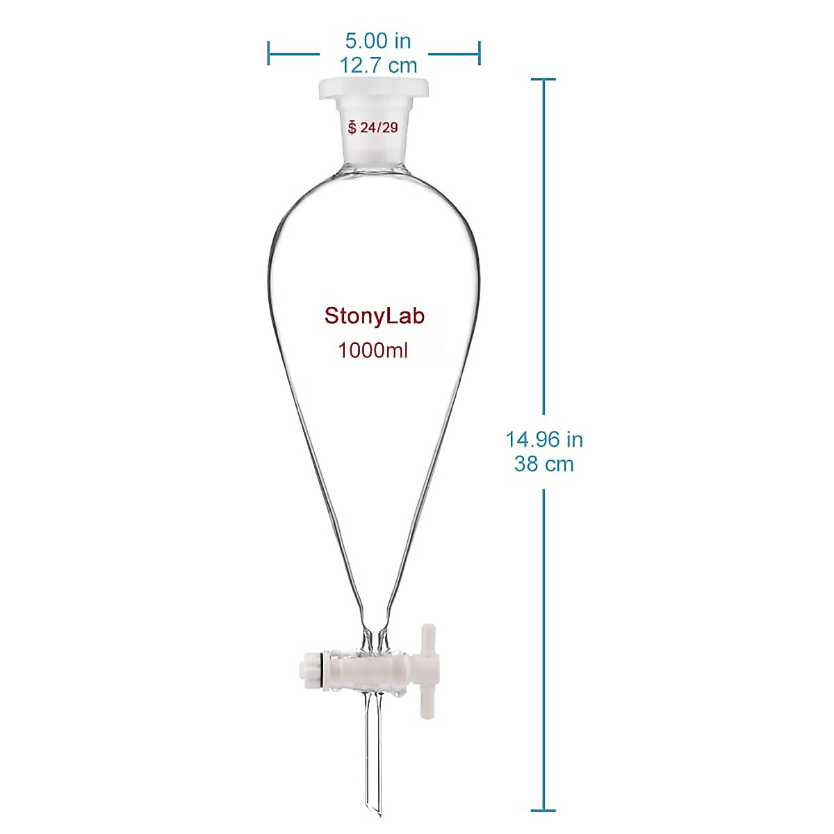 stonylab Borosilicate Glass 1000 ml Heavy Wall Conical Separatory Funnel with 24/29 Joints and PTFE Stopcock, 1000 ml