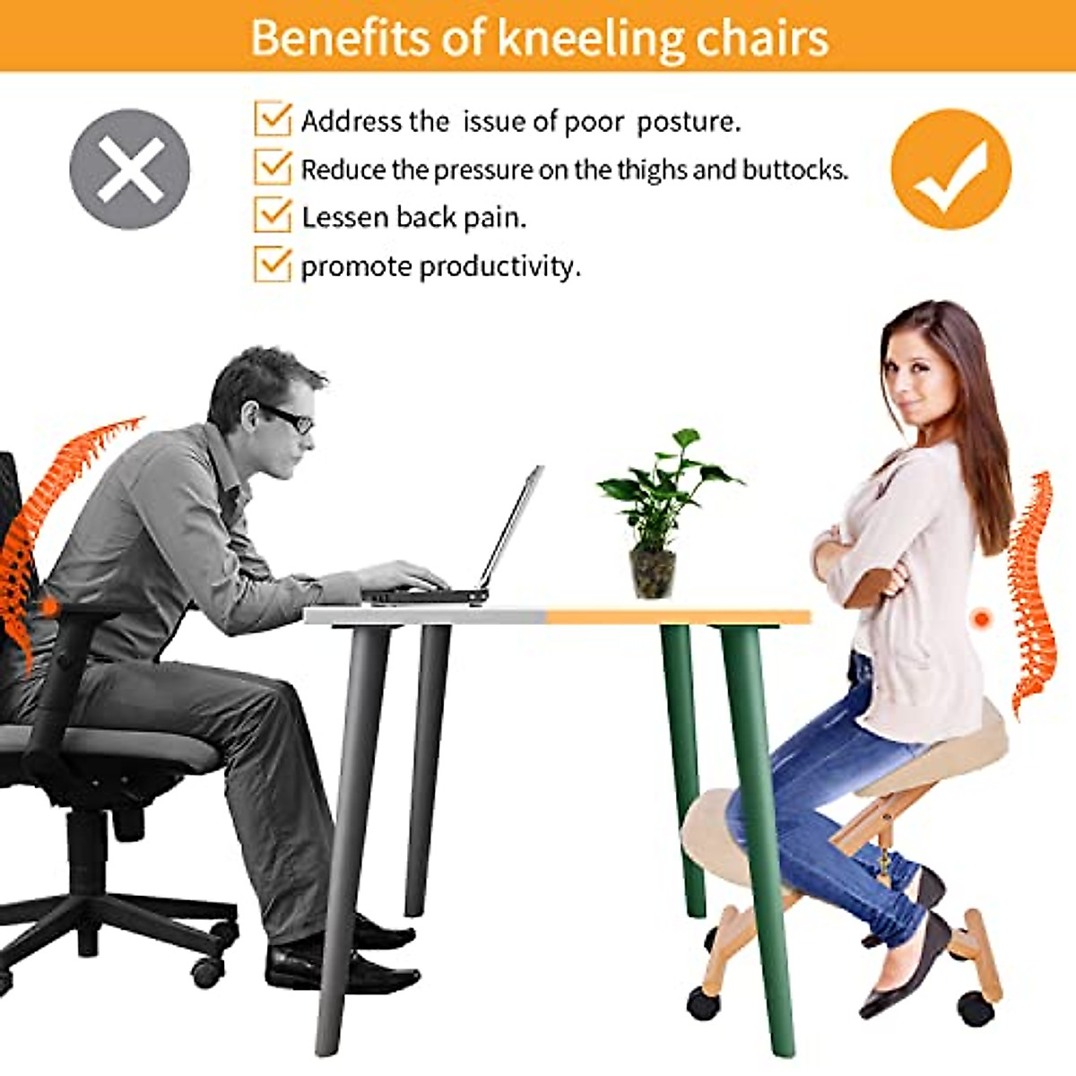 OXFIELD Ergonomic Kneeling Chair,Adjustable Kneeling Stool for Home and Office,Wooden Kneeling Chair with 3”Thick Comfortable Cushions& Smooth-Moving Wheels