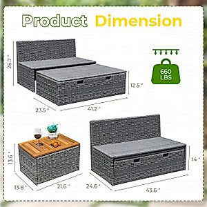 Greesum Outdoor Daybed Set Multifunctional Wicker Lounge Bed Furniture with Two Side Tables, Cushions, Storage Bench for Porch Lawn Patio Beach, Onesize, Blue