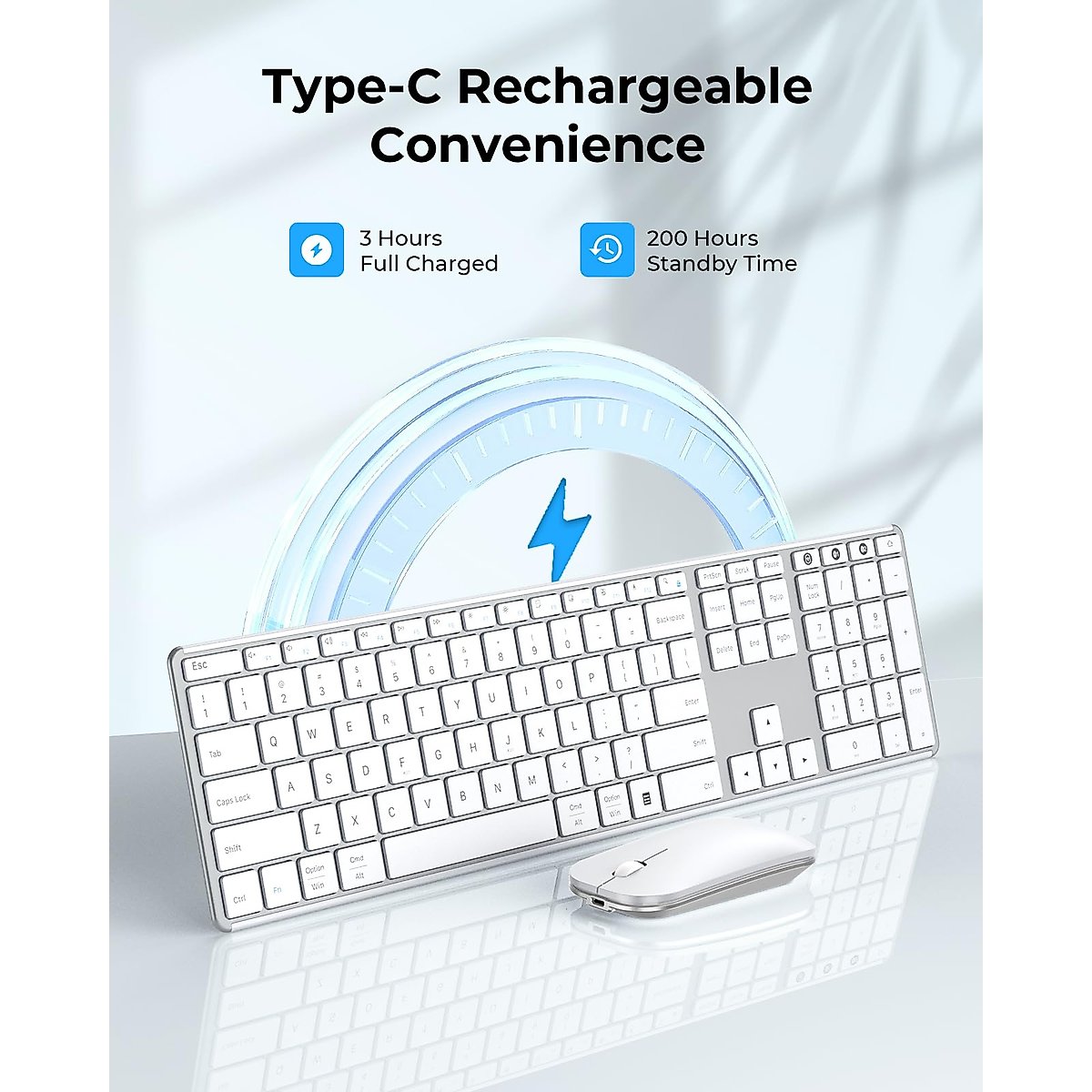 Wireless Bluetooth Keyboard and Mouse Combo (USB + Dual BT), seenda Multi-Device Rechargeable Slim Keyboard and Mouse, Compatible for Win 7/8/10, MacBook Pro/Air, iPad, Tablet - White Silver