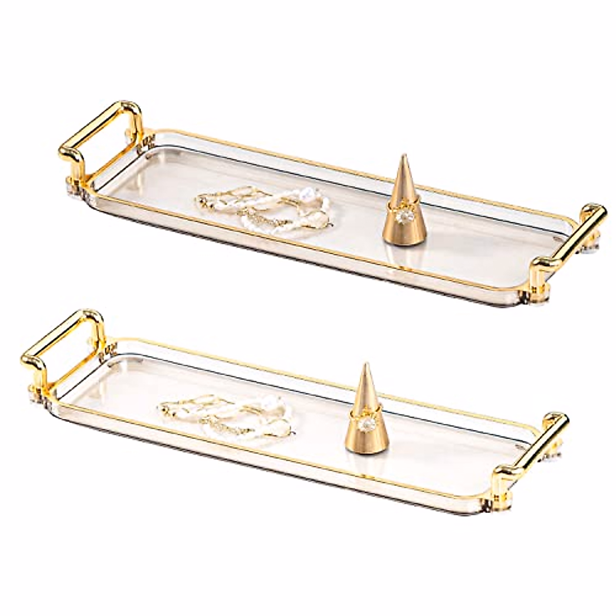 2 Pack Plastic Serving Tray with Gold Handles, 12 x 4 inch Clear Amber Decorative Tray with 1”Wall, Long Narrow Coffee Table Tray Rectangular Tea Tray Decor with Gold Rim for Bar, Party, S, Halyuhn