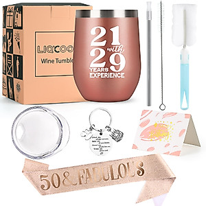 LiqCool 50th Birthday Gifts for Women, 21 with 29 Years Experience Wine Tumbler, 50 Year Old Gifts for Women, 12 Oz Birthday Tumbler Gifts Set for Best Friends, Mom, Sister, Wife, Aunt Turning 50