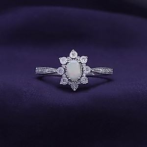 GEMVIO Collection 1/2 CT 6X4MM Oval Cut Natural White Opal Gemstone With Diamond Sunburst Frame Vintage-Style Halo Ring In 14K White Gold Over Sterling Silver Engagement Wedding Ring(0.50Cttw)-9