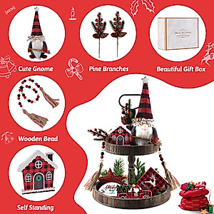 Christmas Tiered Tray Decorations Set - 13 Pcs Farmhouse Decor with Gnomes Plush, Wooden Signs, Bead Garland for Home Table