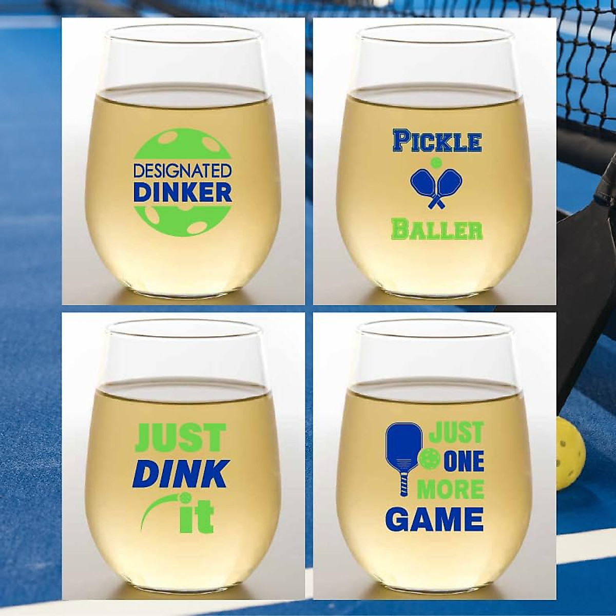 Set of 4 Shatterproof Stemless CUSTOM 16 oz Plastic Wine Glasses MADE in the USA (PICKLEBALL SAYINGS)
