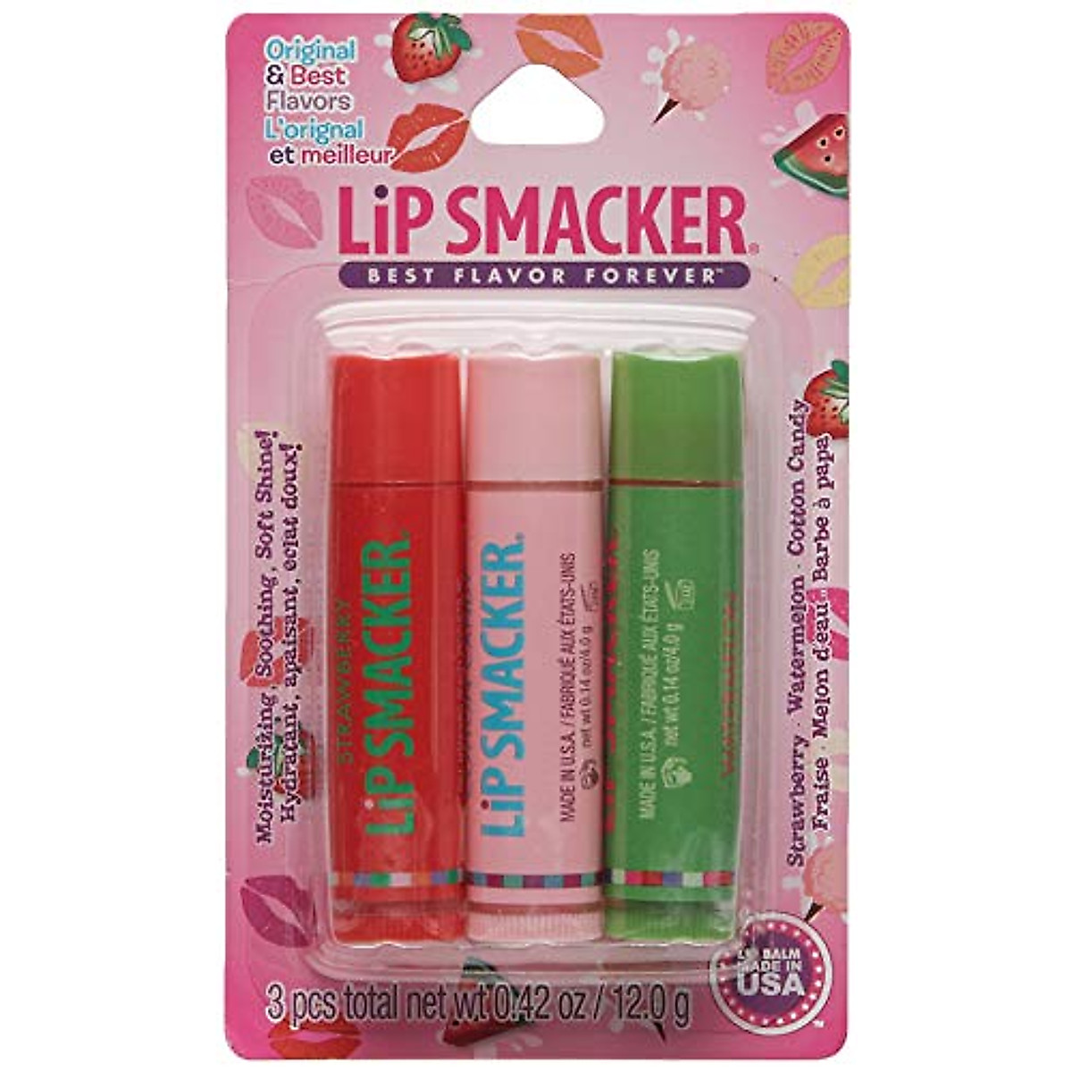 Lip Smackers Flavored Lip Balm Trio Original & Best, Strawberry Watermelon, Cotton Candy, Clear Matte, For Kids, Women, Men,3 Count (Pack of 1)