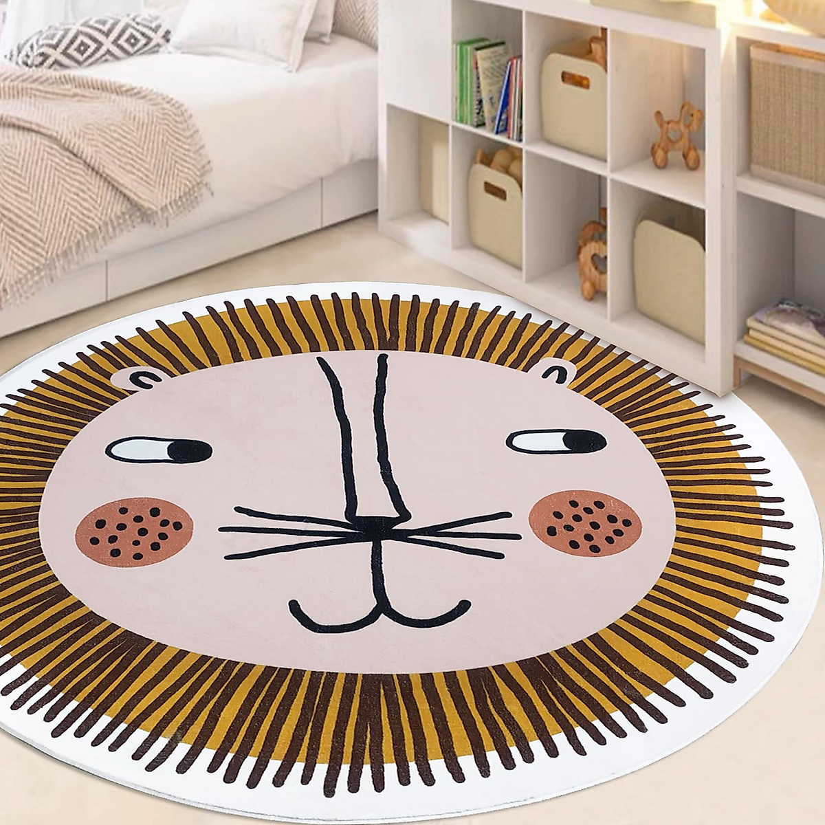 USTIDE Lion Rug Round Area Rug for Living Room 5.2 Ft Washable Nursery Rug for Playroom Yellow Circle Rug for Kids Room Non Slip Animal Carpet Soft Large Kids Rug for Classroom Dorm Kids Bedroom