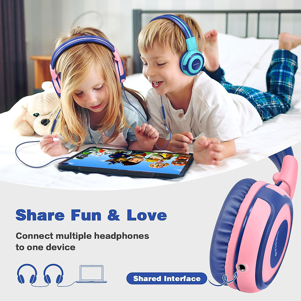 SIMOLIO 2 Pack Headphones for Kids with Mic, 75dB/85dB/94dB Safe Volume Limit, Wired School Headphones for Girls Boys Children Tablet Laptop Travel with Audio Share Function (Mint,Pink)