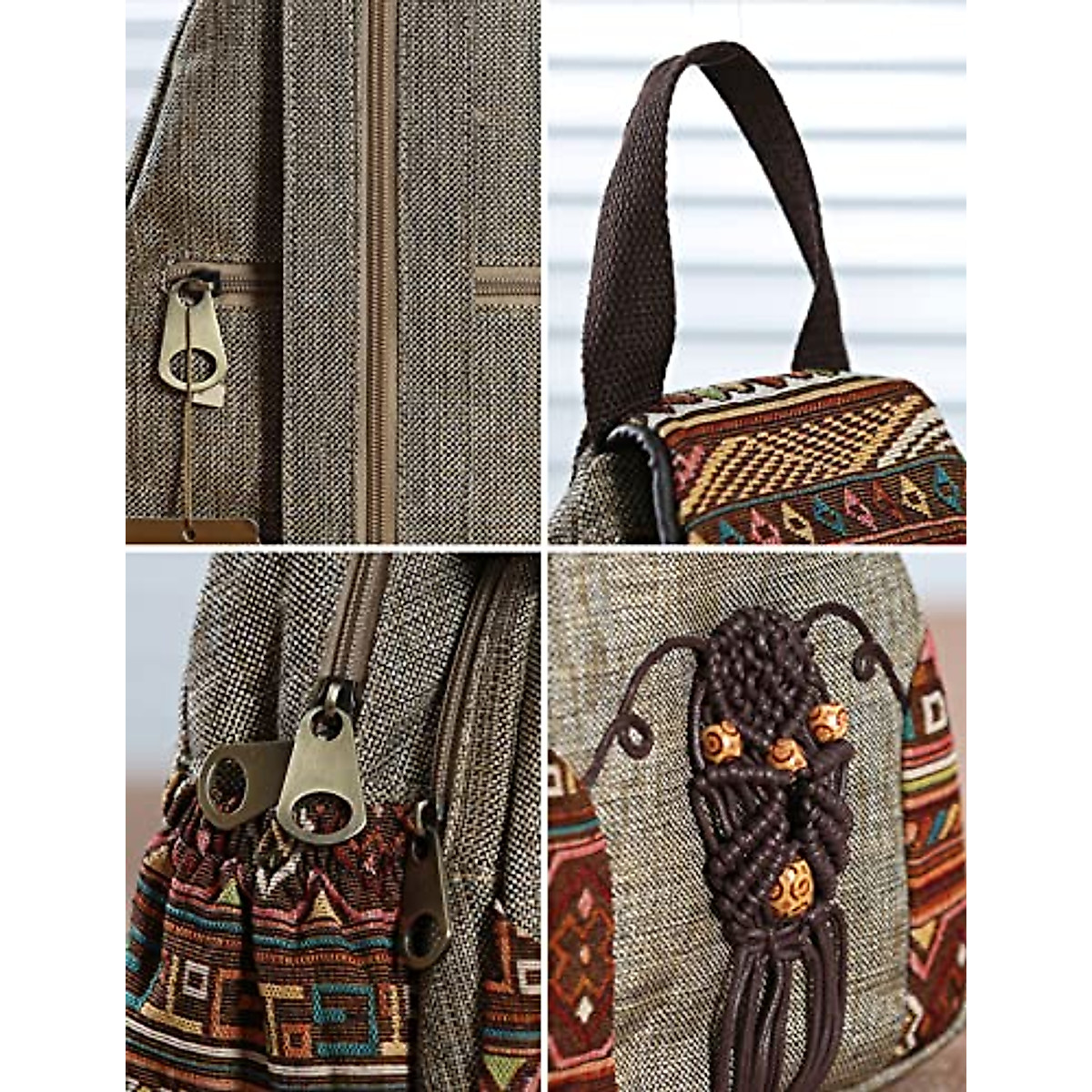 POPUCT Cotton Boho Small Backpack Fashion Hand Knitting Mini Chest Bag for Women and Girls(brown)