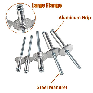 ISPINNER 50pcs 3/16" x 1/2" Large Flange Aluminum Blind Rivets, 4.8 x 12mm Pop Rivets (Silver)