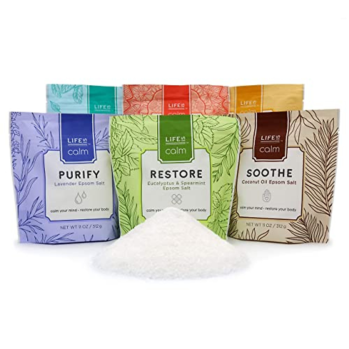 Life Is Calm Epsom Salt Spa 6-Pack l Dissolvable Therapy Formulas for Bath (Restore, Clense, Relax, Balance, Purify & Soothe)