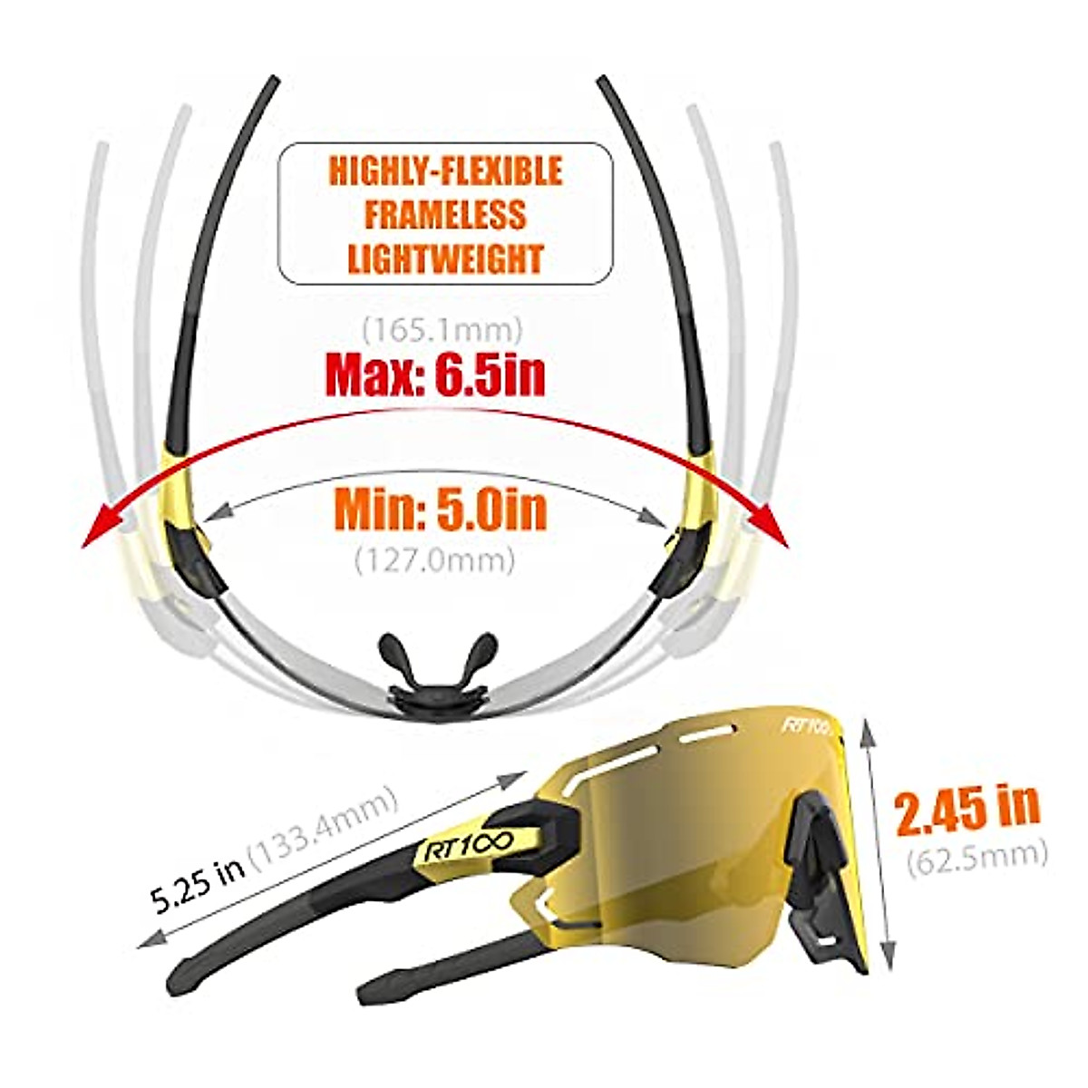 RT100 sport Cycling Sunglasses for Men, frameless wrap around Flexible light weight biking Gold sunglasses Triathlon Tennis