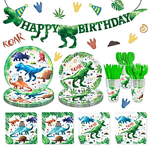 169 Pcs Watercolor Dinosaur Party Supplies Dinosaur Theme Birthday Party Decoration Includes Banner Plates Cups Napkins Knives Forks Spoons Tableware for Boys Birthday, Serves 24 Guests