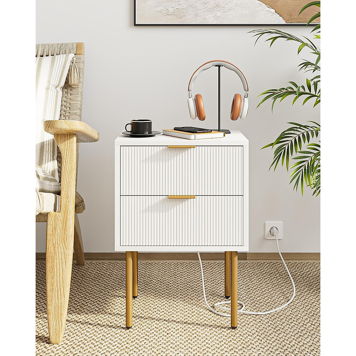 Aienvey Nightstand with Charging Station,Small Side Table with 2 Drawers, Bedside Furniture, White Night Stand, End Table with Gold Frame for Bedroom, Living Room, Stripe