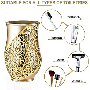 Zahari Home 4pc Sinatra Stylish Bathroom Accessories Set Champagne Gold Soap Dispenser Pump, Tumbler, Tooth Brush Holder and Soap Dish Modern Decor Bling Mosaic Glass Gold Bathroom Accessories