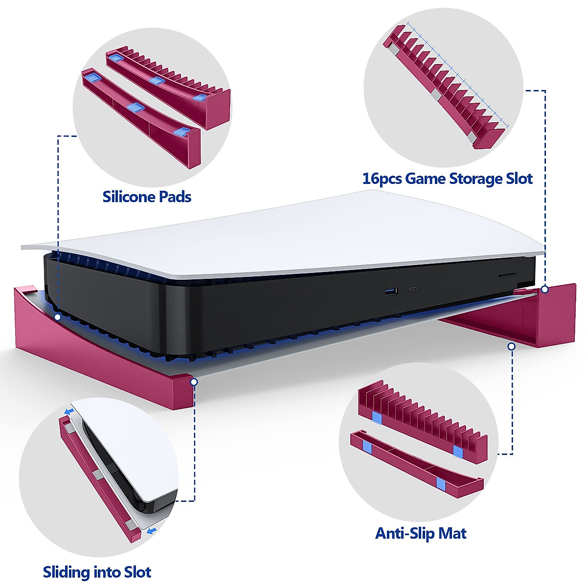 BSOON PS5 Accessories Horizontal Stand, PS5 Base Stand for PS5 Games & PS5 Console with 16 Game Disc Slots, Compatible with Playstation 5 Disc & Digital Editions, Minimalist Design (Red)