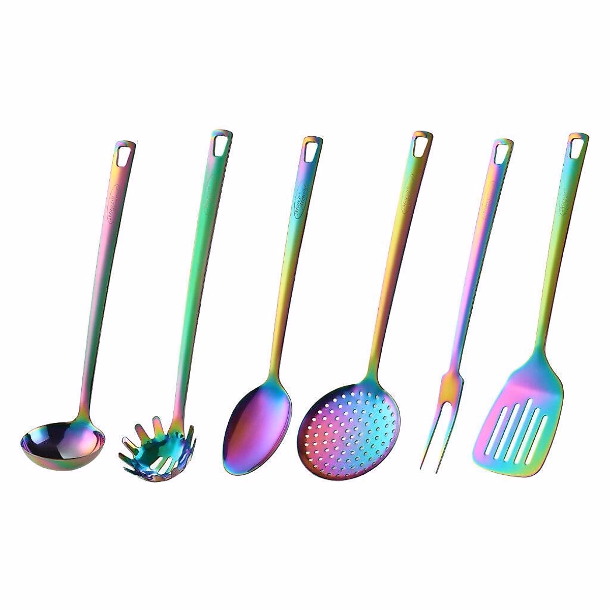 KYA37 Rainbow Titanium 12-Piece Stainless Steel Kitchen Knives Set with Sheath + KYA52 6PCS Nonstick Colorful Stainless Steel Rainbow Utensil Sets