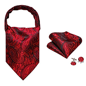 Barry.Wang Men Ascot Tie Set Cravat Paisley Red Silk Scarf Self Necktie Handkerchief Cufflinks Formal Wedding Party Prom