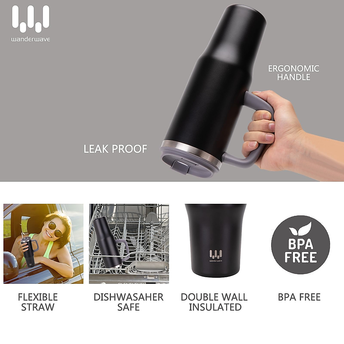 40 oz Insulated Tumbler with Handle, Stainless Steel Straw and silicone sleeves, Leakproof Travel Mug for Water, Iced Tea or Coffee, Insulated Cup Gifts for Women & Men, Black