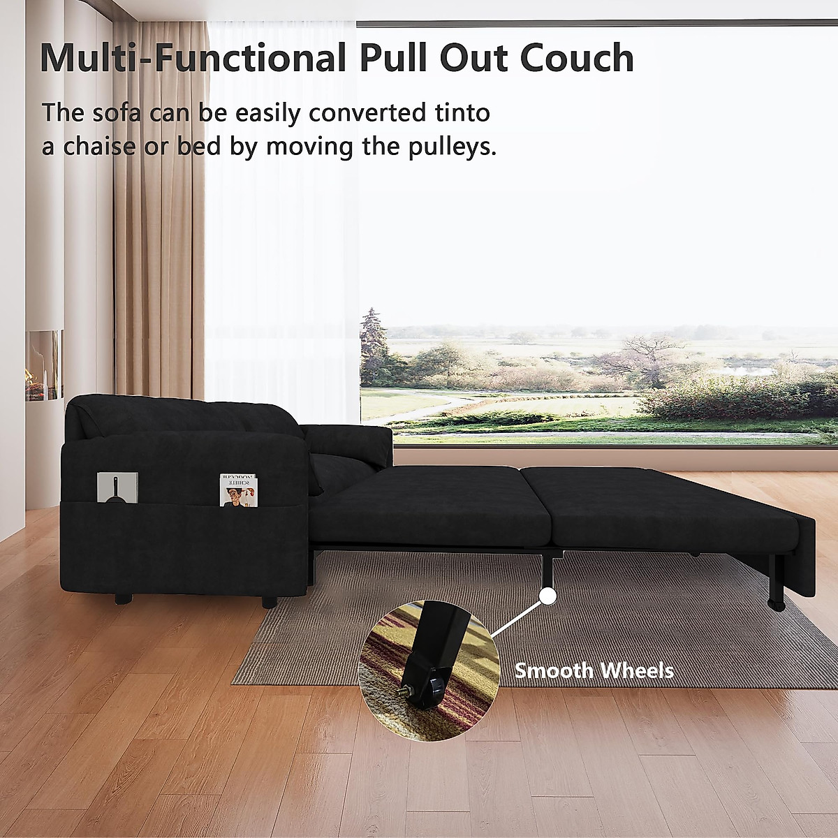 GNIXUU 63.8" Queen Pull Out Sofa Bed, Velvet Convertible Sleeper Sofa Couch with Side Storage, Comfy Loveseat Bed Pull Out Couch for Living Room, Apartment, Small Space(Black)