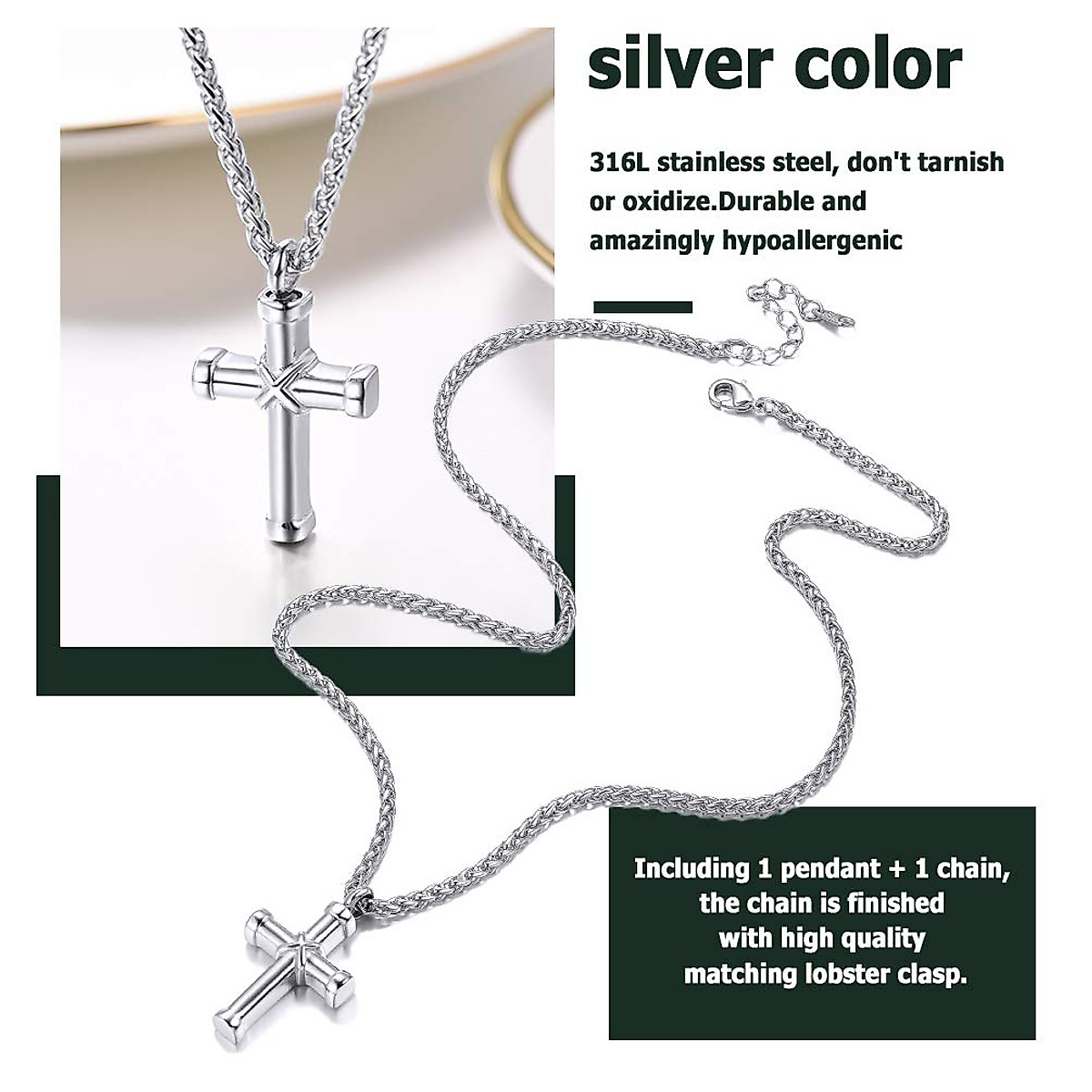 PROSTEEL Cross Locket Ash Urn Necklace Men Women Memorial Keepsake Christian Jewelry Stainless Steel Pendant Cremation Necklace for Ashes