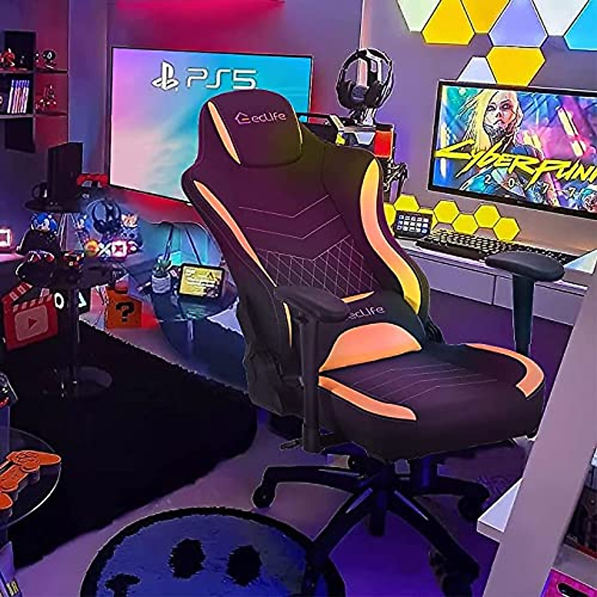 Gaming Chair Racing Massage Computer Chair - Cushioned Comfort High Back PU Leather USB Vibrator Ergonomic Recliner Home Office Video Game for Kids for Gift (Yellow, D06-M)