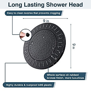 BRIGHT SHOWERS Rain Shower Head, 9 Inch High Pressure Waterfall Showerhead with Adjustable Angle and Anti-clogging Silicone Nozzles, Luxury Bathroom Overhead Shower, Oil-Rubbed Bronze