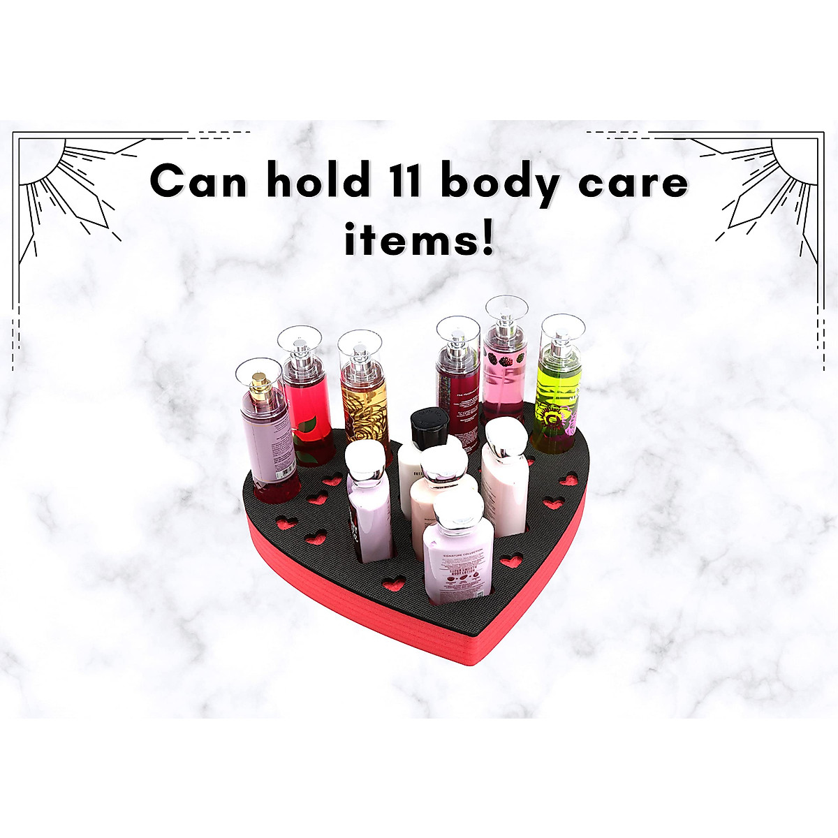 Polar Whale 2 Lotion and Body Spray Stand Organizers Heart Shaped Large Tray Red Black Durable Foam Washable Waterproof Insert for Home Bathroom Bedroom Office 15 x 12.5 x 2 Inches 11 Slots 2pc Pair