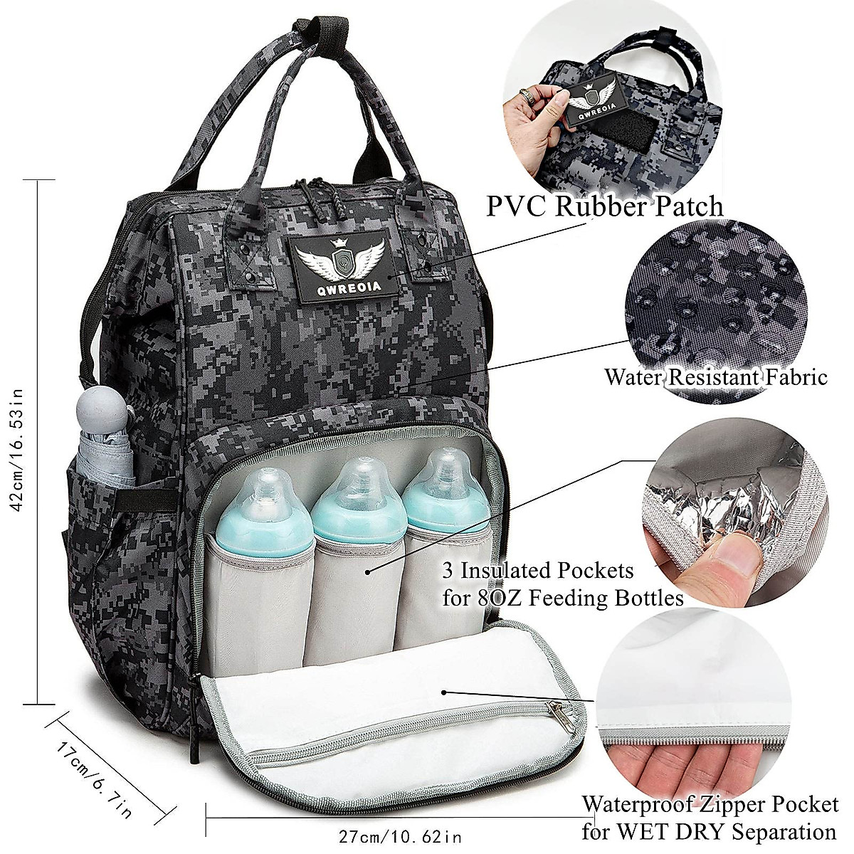 QWREOIA Diaper Bag Backpack with USB Charging Port Stroller Straps and Insulated Pocket,army military Travel Nappy Backpack for Dad/Mom (Black Camo)