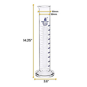 EISCO Graduated Cylinder, 500ml - Class A Tolerance ±2.50ml - Round Base - Blue Graduations - Borosilicate 3.3 Glass