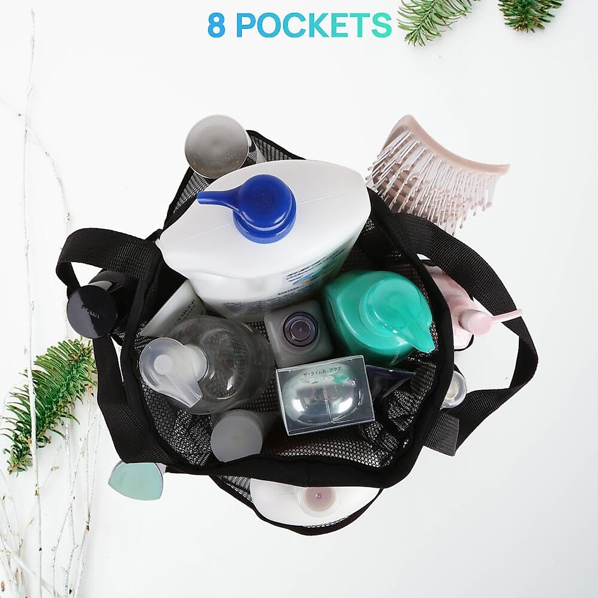 KAKULO Mesh Shower Caddy Portable for College Dorm Room Essentials, Portable Shower Caddy Dorm with 8-Pocket Large Capacity, Shower Bag for Beach, Swimming, Gym (Black 1PCS)