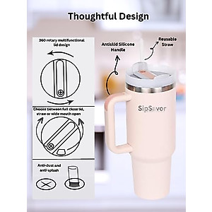 SipSavor 40 OZ Quencher H2.0 Stainless Steel Leakproof Vacuum Insulated | Tumbler with Lid and Straw | Thermos Mugs | Travel Cup for Hot and Cold Drinks (Rose Quartz)