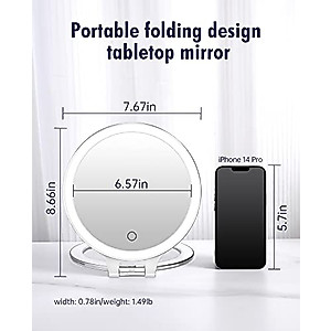 FASCINATE Magnifying Mirror 10X 1X Double Sided Magnification Makeup Vanity Mirror Rechargeable Lighted Mirror with 3 Color Setting Adjustable Rotation LED Vanity Desk Mirror White(Not Include Bag)