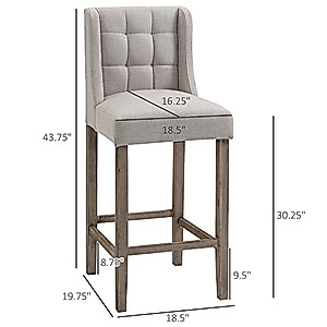 HOMCOM Modern Bar Stools, Tufted Upholstered Barstools, Pub Chairs with Back, Rubber Wood Legs for Kitchen, Dinning Room, Set of 2, Beige