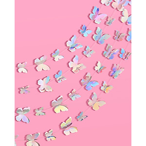 xo, Fetti 3D Iridescent Butterfly Hanging Garland - 4 pcs, 12' | Bachelorette Party Decorations, Birthday Supplies, Baby Shower Photo Booth, HBD, Garden Party Favors, Y2k