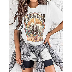 GEMLON Womens Nashville Shirts Country Music Summer Tshirts Oversized Graphic Short Sleeve Tees for Women Teen Girls White S