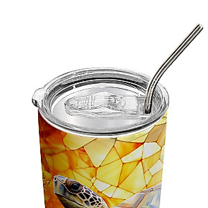 20oz Orange Stained Glass Flower Sea Turtle Tumbler, Gifts for Turtle Lovers, Ocean, Beach Gifts, Coffee Thermos for Women, Stainless Steel Double Wall Vacuum Insulated Coffee Mug, Travel Cup with Lid