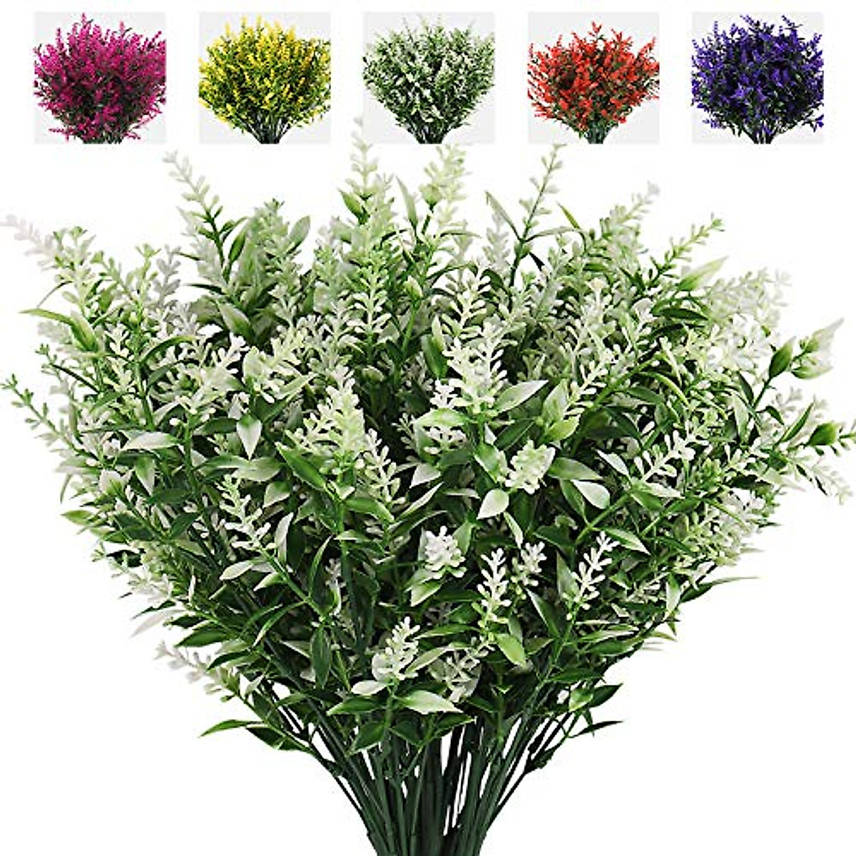 RECUTMS Artificial Plants Lavender, 8 Bundles Outdoor UV Resistant Greenery Fake Shrubs Simulation Plants Indoor Outside Hanging Planter Home Garden Decor (White)