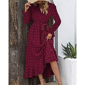 BTFBM Women's Boho Wrap Maxi Dress Summer Fall V Neck Swiss Dot Long Sleeve Flowy Slit Wedding Party Cocktail Dresses(Swiss Dot Wine Red, Small)